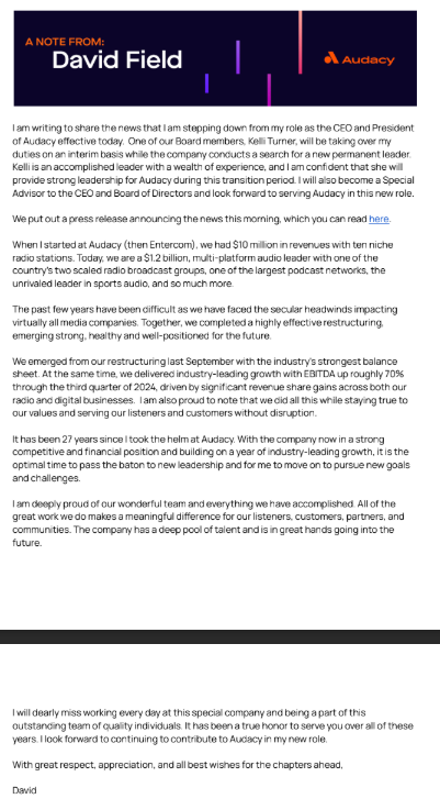 David Field Steps Down At Audacy | Radio & Television Business Report